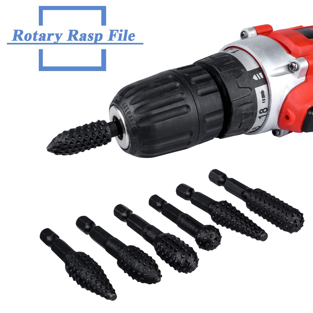 Mesee 10 Pieces Rotary Burr Rasp Set, 1/4 Inch Hex Shank Quick Change Wood Carving Drill Bits Carbon Steel File Rasp DIY Woodworking Tool for Wood Plastic Engraving Polishing Grinding