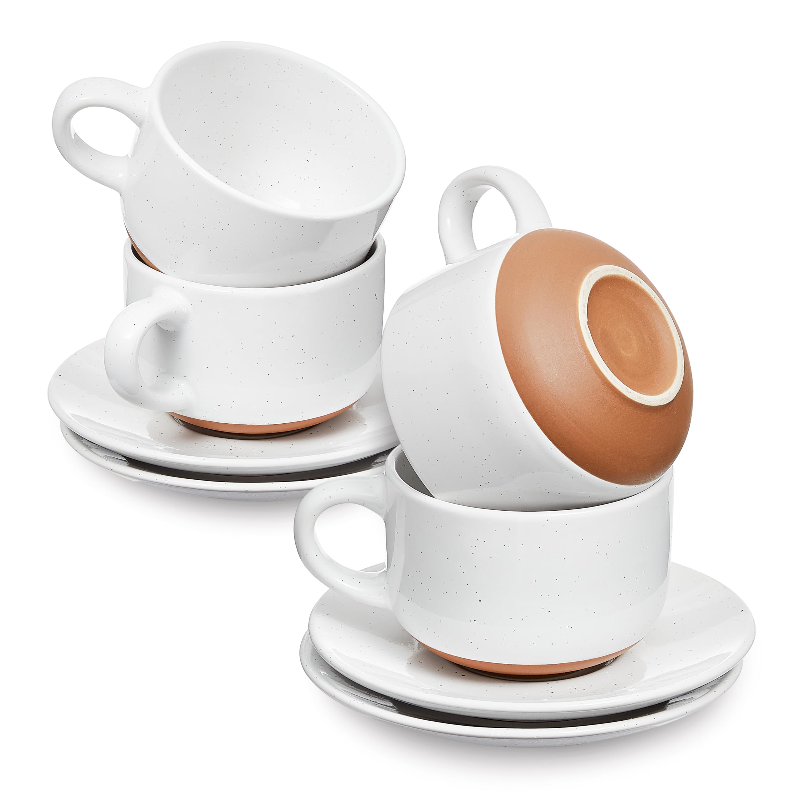 Sheffield Home Elegant Coffee Mug Set - Set of 4 Stoneware 8oz Cups with Saucers – Dishwasher and Microwave Safe Ceramic - Ideal for Cappuccino, Espresso, Latte, or Tea - Assorted Neutrals