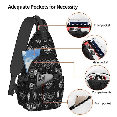 RIMENCH gothic moth skull sun moon black and white Crossbody Sling Backpack Sling Bag Travel Hiking Chest Bag Daypack