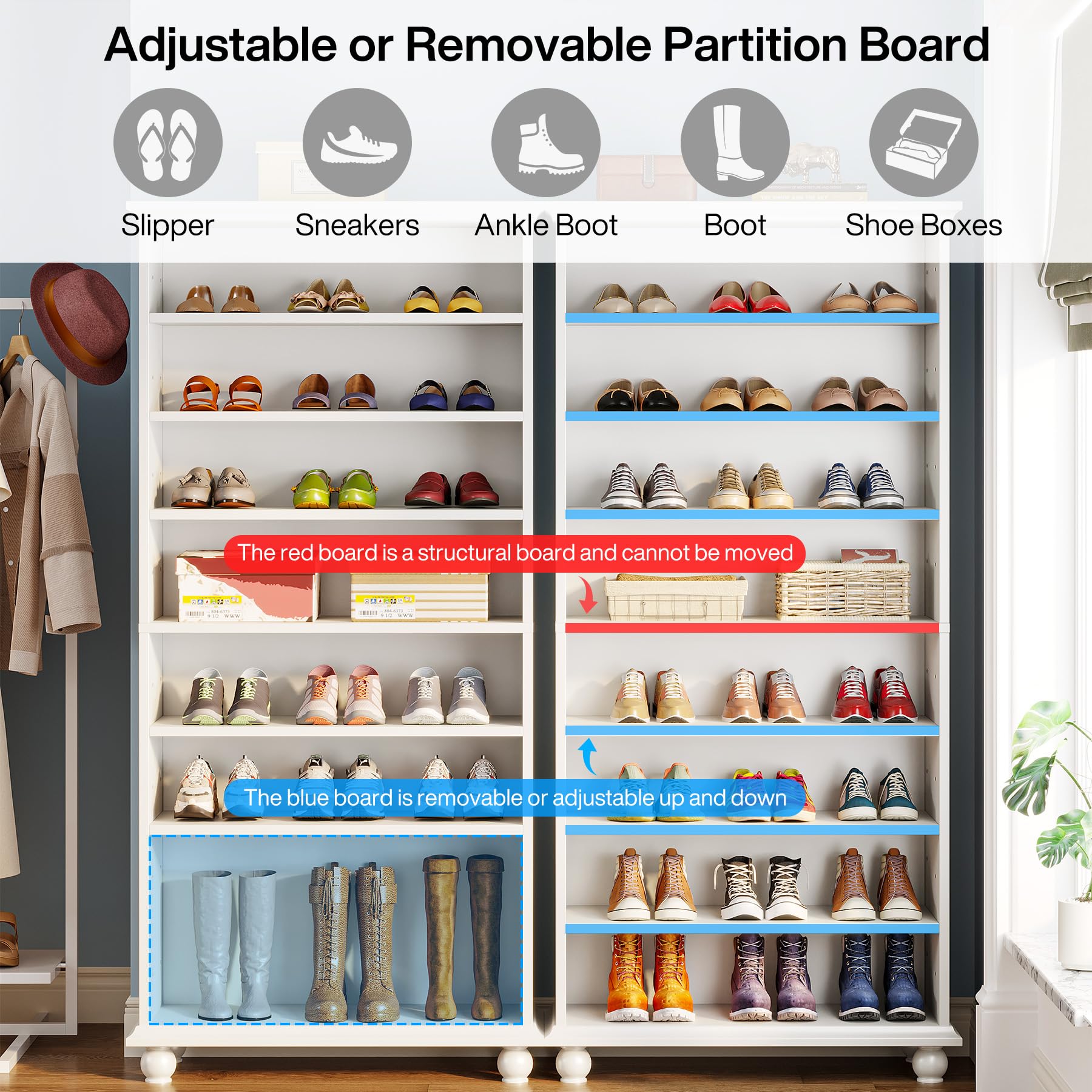 Tribesigns 9-Tier Shoe Storage Cabinet with LED Lighting, 30 Pairs Narrow Tall Freestanding Shoes Cabinet, Wood Entryway Shoe Organizer with Solid Wooden Legs for Closet (1, White)