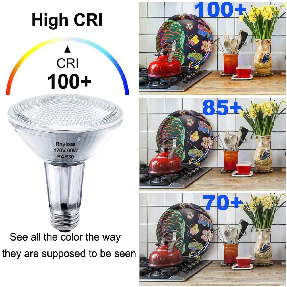 Rnyloas PAR30 Long Neck, 6PCS PAR30 60W 120V Flood Dimmable, PAR30 Halogen Bulb Long Lasting Lifetime with E26 Medium Base, PAR30 Flood Light High Brightness & CRI100 for Recessed Lighting