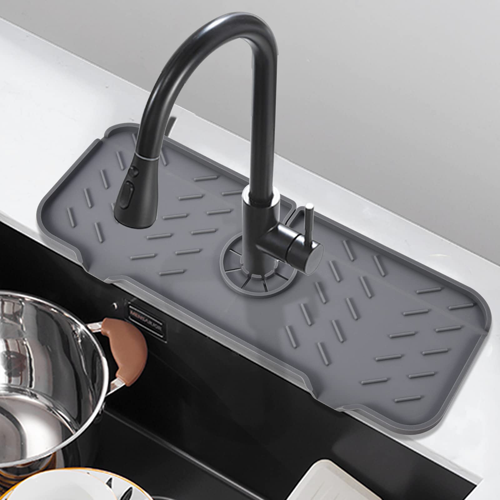 Kitchen Sink Splash Guard, Silicone Faucet Handle Drip Catcher Tray, fits faucet bottom diameter in 3.2 inch, Sponge Holder Sink Protectors Mat for Kitchen Bathroom Sink Accessories(15.4" x 5.9")