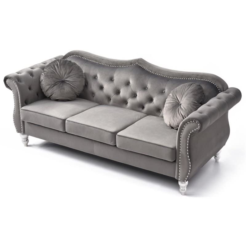 Pemberly Row17 Transitional Velvet Tufted Sofa with 2 Pillows in Dark Gray