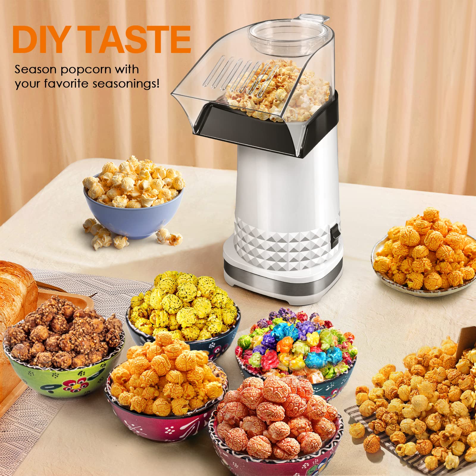 Quick & Easy Hot Air Popcorn Popper Maker with Measuring Cup + Melts Butter, 4.5 Quarts, Etl Certified, 1200W No Oil Electric Popcorn Machine with On/Off Switch, White