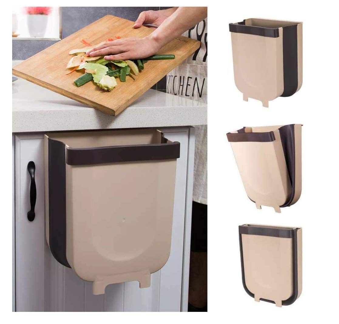 VidiGi -2 Pack Brown Hanging Trash Can | Small Waste Basket Garbage Bin 2.4 Gallon | Collapsible Mini Garbage Bin Bedroom Bathroom | Wall Mounted Folding Waste Bin Kitchen Cabinet Door Hanging