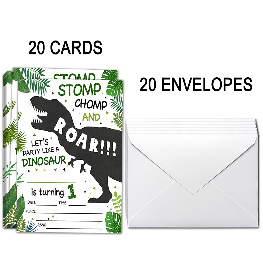 ukebobo 1st Birthday Party Invitations with Envelopes – Dinosaur Birthday Party Invitations, Dinosaur Party Decorations– 20 Cards with Envelopes(bwl-01)