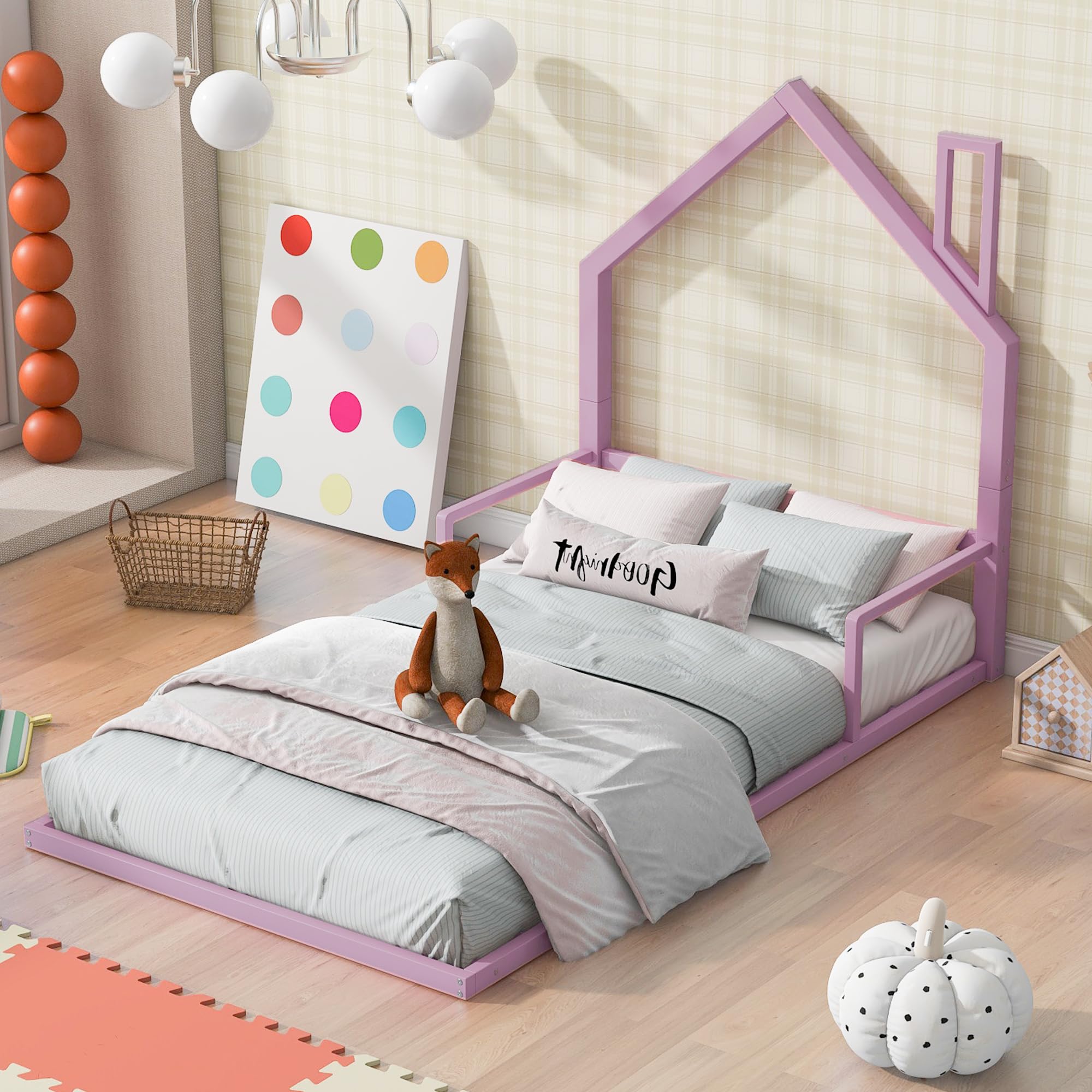 LostCat Twin Size Floor Bed Frame, Metal Montessori Floor Bed Frame for Kids Girls Boys, Twin Montessori Floor Bed with Slat Support, No Box Spring Needed, Pink