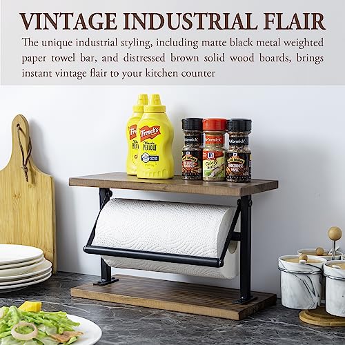 MyGift Kitchen Countertop Paper Towel Holder and Condiment Display Shelf Rack, Rustic Burnt Wood and Metal Towel Dispenser with Top Shelf for Bathroom or Kitchen