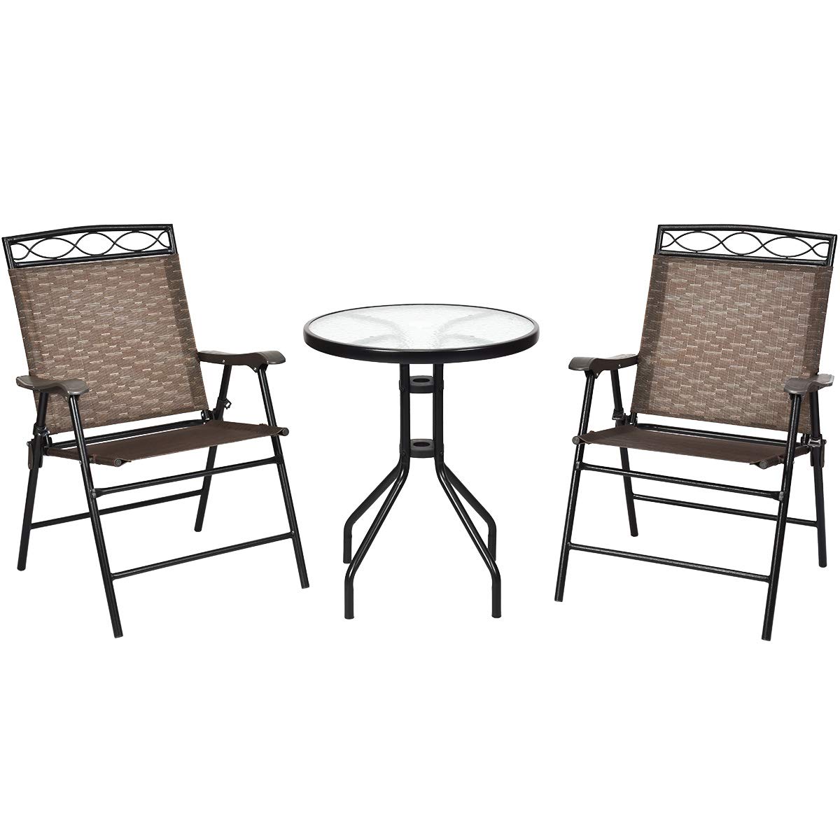 renatone 3 Piece Patio Bistro Set, Outdoor Bistro Dining Furniture Set Table & Folding Chairs for Garden, Pool, Backyard, Tempered Glass Tabletop with Umbrella Hole