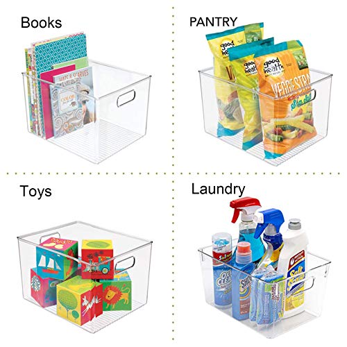 Zeeych Clear Deep Pantry Organizer Bins Household Plastic Food Storage Basket with Cutout Handles for Kitchen,Office, Cabinets, Refrigerator, Freezer, Bedrooms, Bathrooms - 11” L × 8” W × 6” H