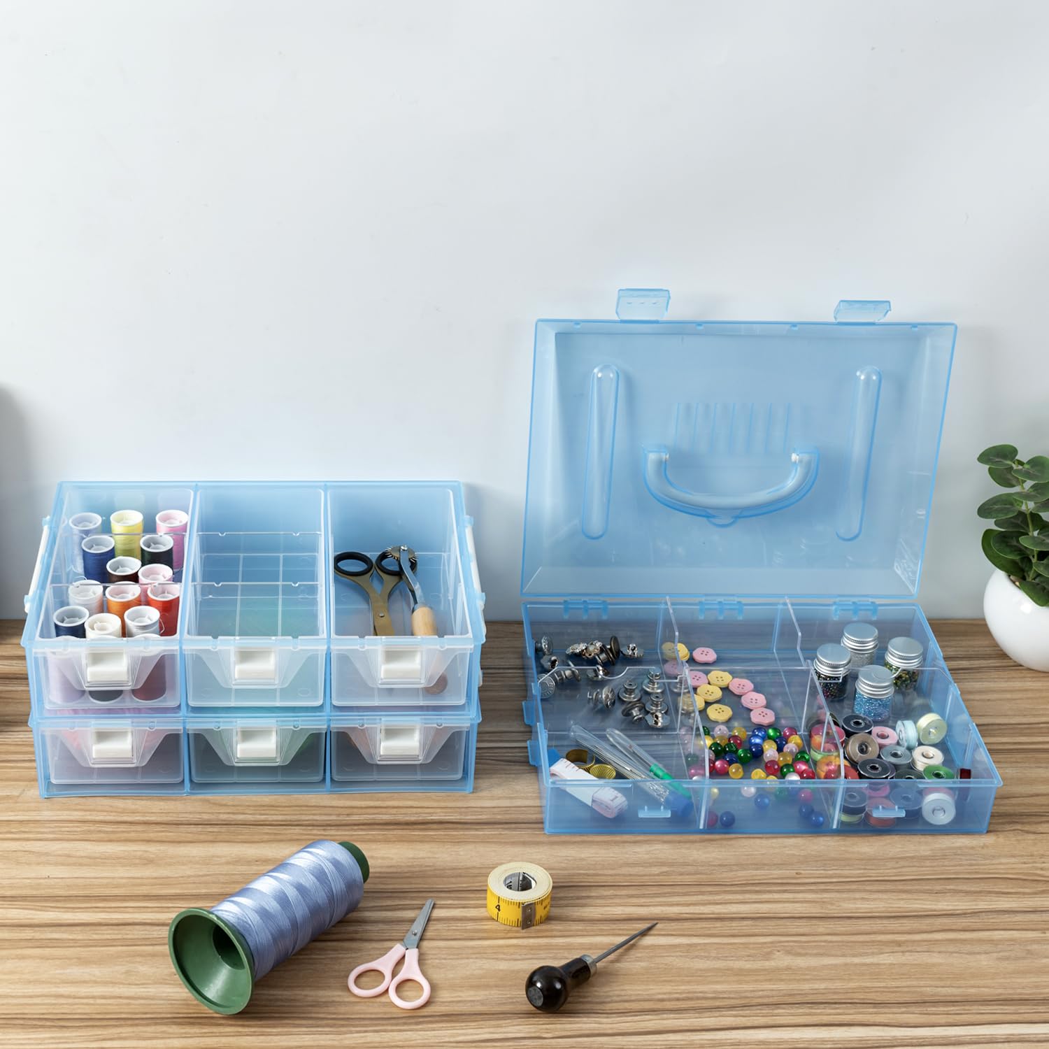 MyGift 11 Inch Sky Blue Transparent Arts and Crafts Sewing Supplies Storage Organizer Case with White Accents, 24 Customizable Compartments, 6 Drawers Removable Dividers