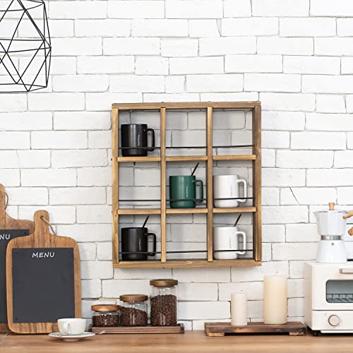 MyGift Wall Mounted Coffee Mug Display Rack, Rustic Burnt Wood Collectible Travel Mug Cup Holder Shadow Box Shelf