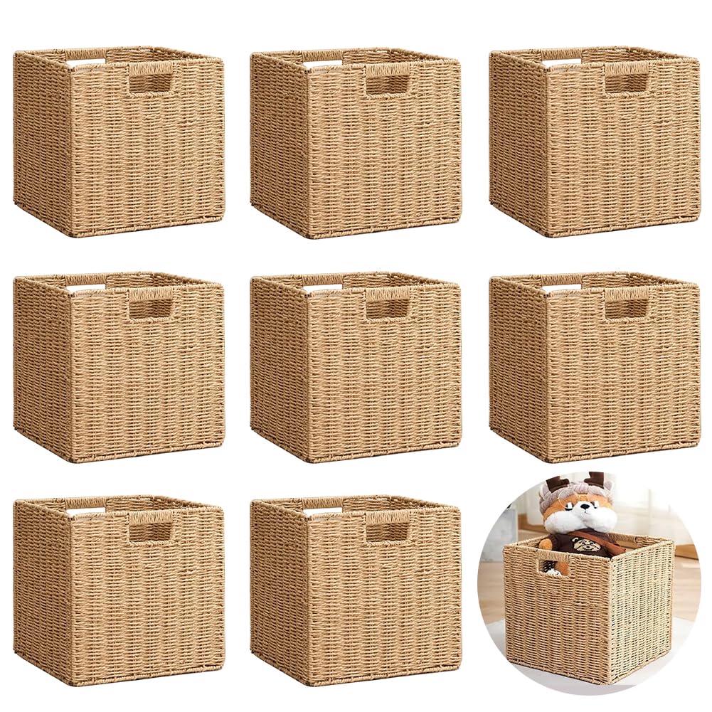 Ukontagood 8 Pack 11.8 Inch Wicker Storage Cubes, Hand-Woven Paper Rope Wicker Storage Baskets, Foldable Cube Storage Bins Organizer Square Shelf Baskets Pantry Organizing & Decor (Natural)