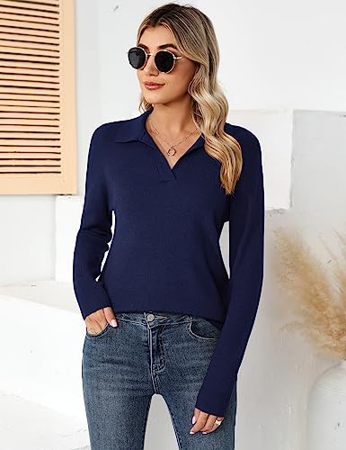 Romanstii Women's Knitted Polo Sweaters Long Sleeve V Neck Collared Shirts Winter Pullover Tops,Navy Blue,L