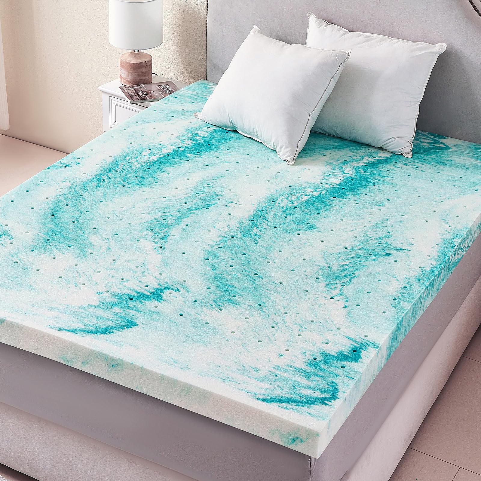 SIEMOUR 3 inch Memory Foam Mattress Topper King Size, Gel Infused Memory Foam Mattress Pad for Pressure Relief, 76x80 Inches, Blue