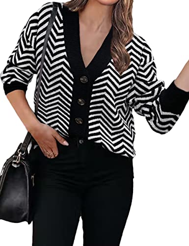 PRETTYGARDEN Women's 2023 Button Down Pullover Sweater Long Sleeve V Neck Open Front Striped Knit Cardigans (White,Medium)