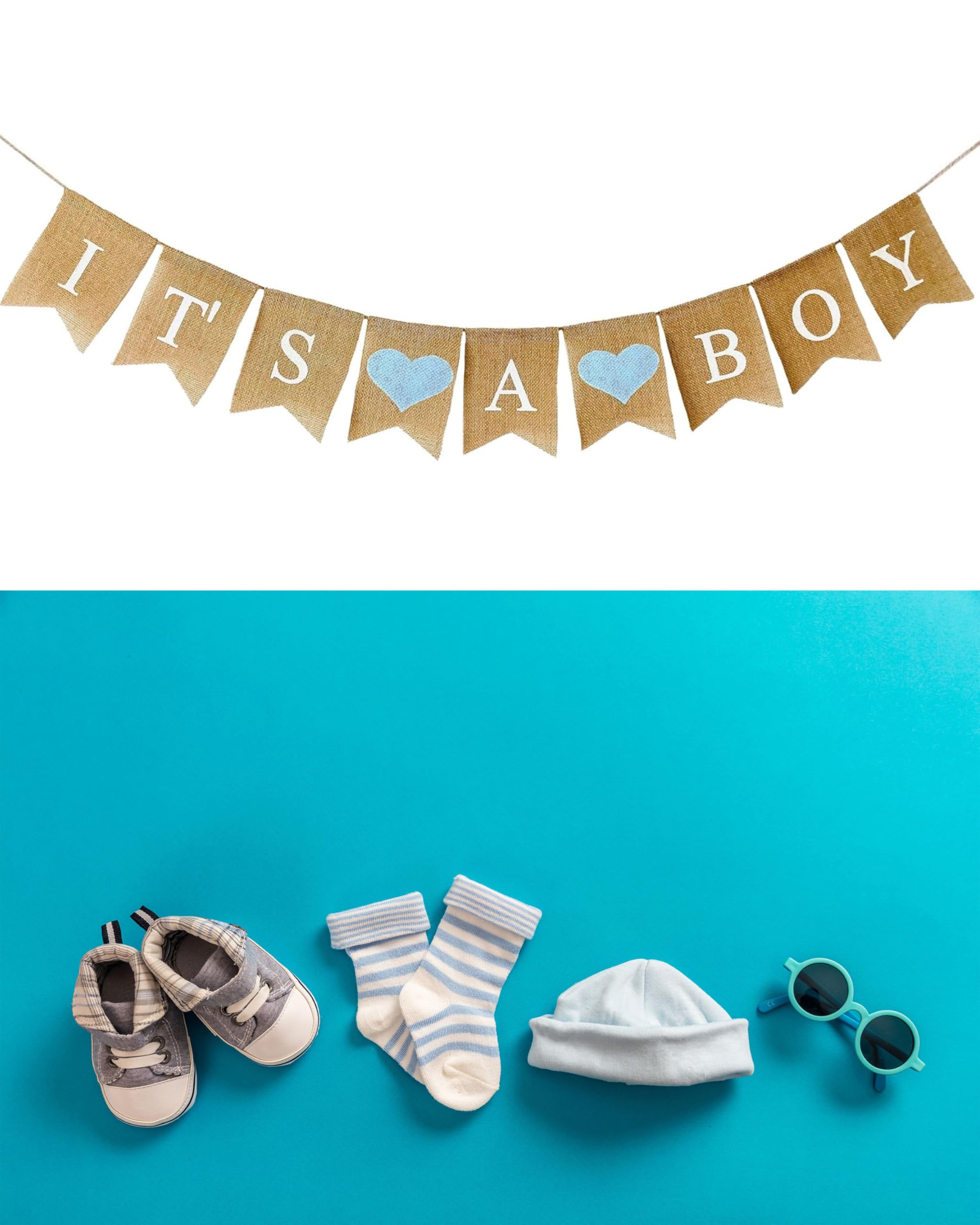 Shimmer Anna Shine It's a Boy Burlap Banner for Baby Shower Decorations and Gender Reveal Party (Light Blue Hearts)