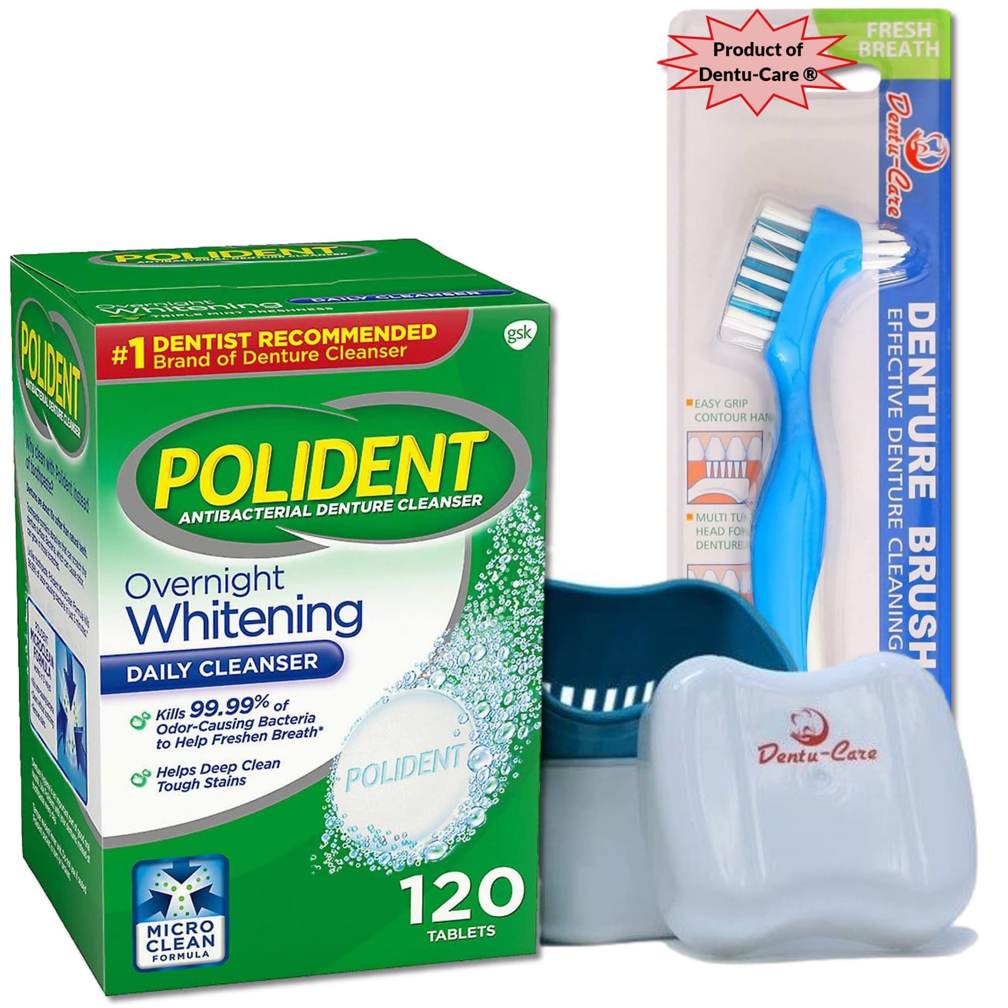 Polident Overnight Whitening Denture Cleaner Tablets 120 Tablets Bundle with Dentu-Care Denture Case with Lid and Dentu-Care Denture Brush for Maintaining Good Clean Full/Partial Dentures