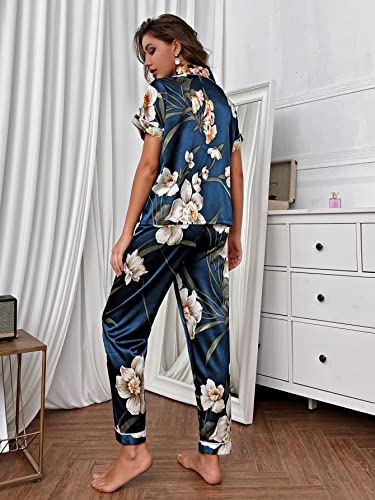 WDIRARA Women's 2 Piece Satin Pajamas Floral Silk Short Sleeve Button Down Shirt and Pants Pajama Pj Set Dark Green L