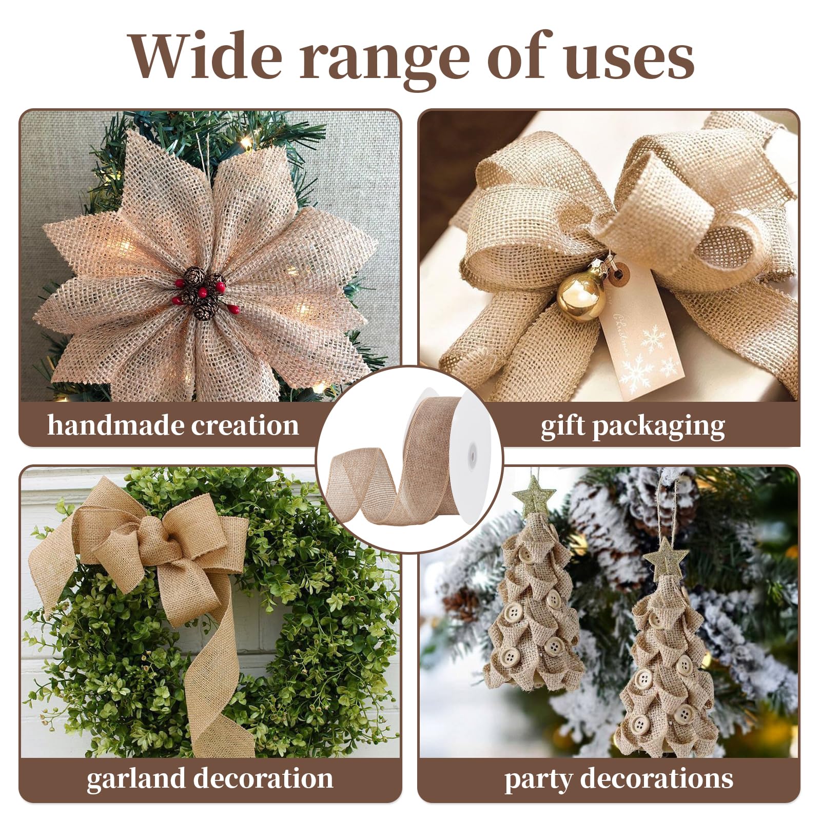 Phinus Burlap Wired Edge Ribbon (Brown), Burlap Ribbon, 1.5inx16.5 Yard Burlap Wired Ribbon for Big Bow, Wreath, Tree, Weddings, Parties, Outdoor Decoration, Thanksgiving, Christmas