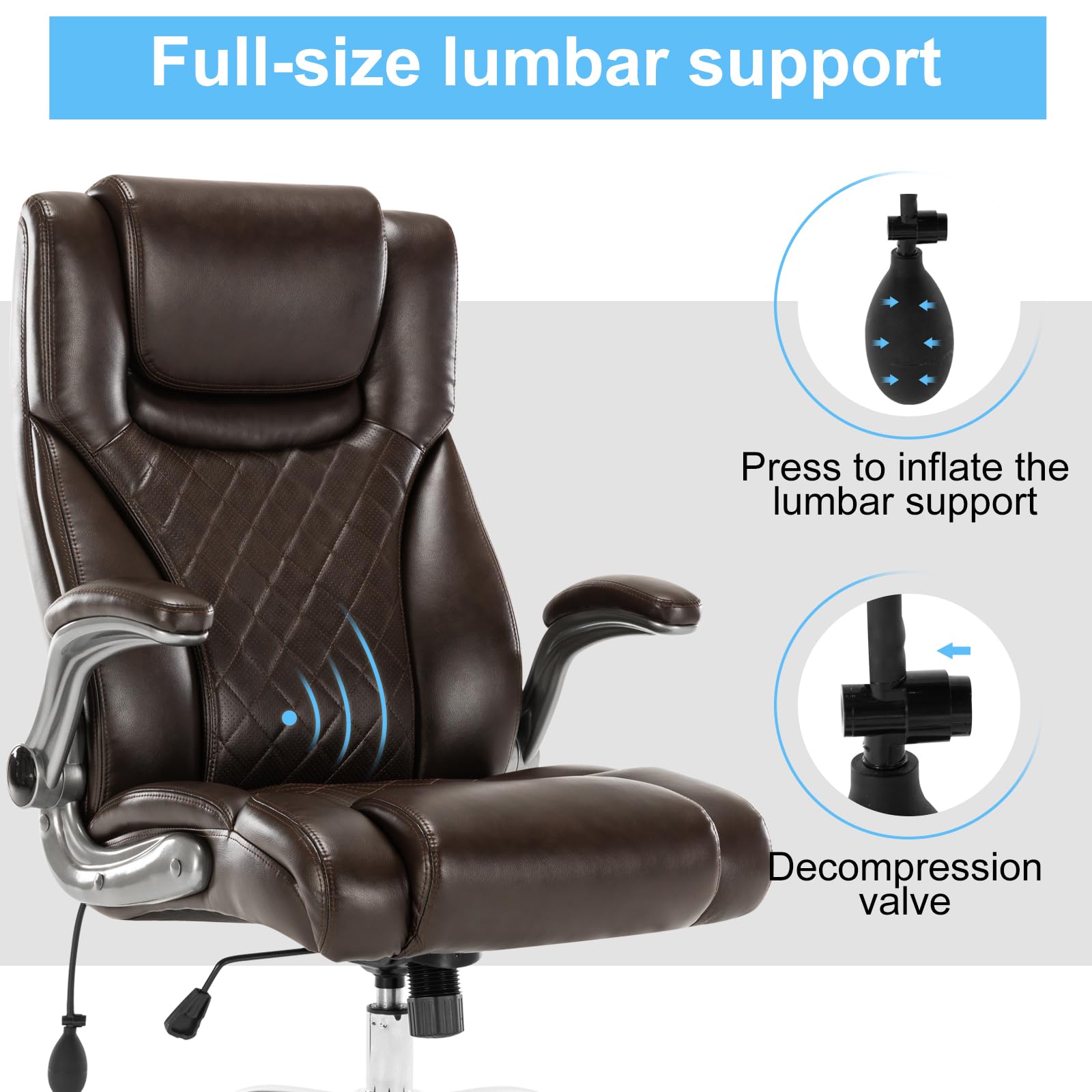 Seevoo Executive Office Chair Desk Swivel Chair High Back Computer Chair - Adjustable Lumbar Support with Flip-Up Arms PU Leather Chair with Spring Cushion (Brown)