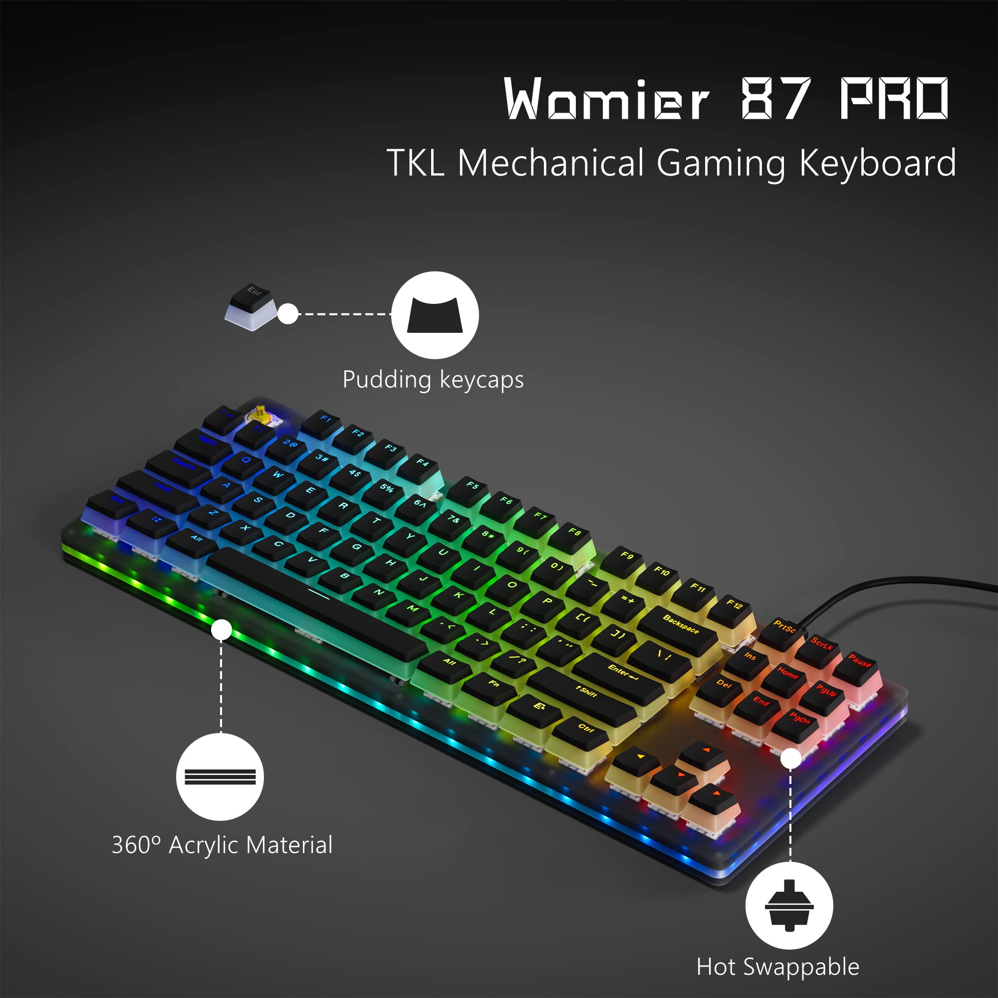 XVX Womier 75% Keyboard, TKL Mechanical Gaming Keyboard, Hot Swappable Black Keyboard, K87 PRO with Pudding Keycaps Wired RGB Keyboard for PC PS4 Xbox - Yellow Switch