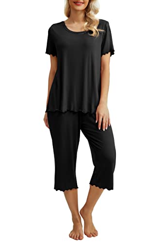 PrinStory Womens Pajama Sets Pajamas for Women Pajamas for Women Set Capri Pajama Pants Loungewear Sleep Sets for Women Soft Pjs for Women Set (Black L)