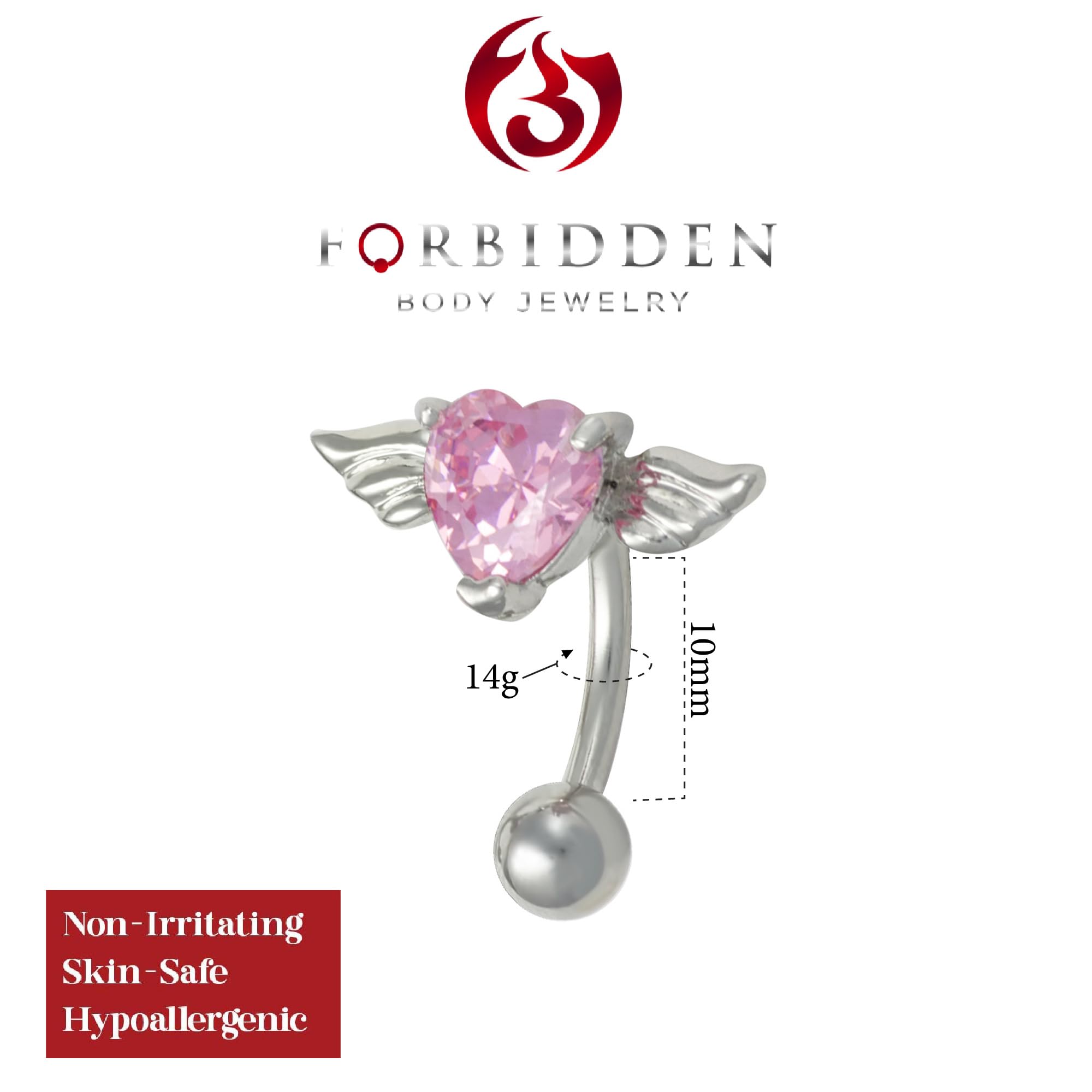Forbidden Body Jewelry Surgical Steel Reverse Mount Pink Jeweled Heart Angel Wings Belly Button Ring