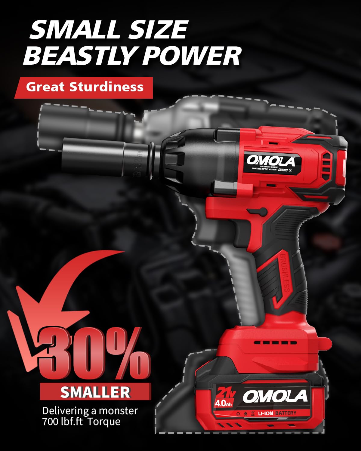 OMOLA Cordless Impact Wrench,1/2 impact gun,700 Ft-lb(950NM) High Torque 3200 RPM,with a 15C 21V 4.0Ah Li-Ion Battery, Fast Charger,Brushless motor,4 Sockets,Electric Impact Wrench for Car Truck RV
