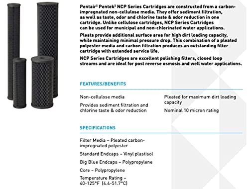 Pentair Pentek NCP-20BB Big Blue Carbon Water Filter, 20-Inch, Whole House Non-Cellulose Carbon Impregnated Pleated Filter Cartridge, 20" x 4.5", 10 Micron