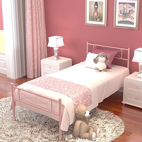 Pink Twin Bed Frame for Girls, Bed Mattress Foundation Support with Headboard and Footboard No Box Spring Need Metal Platform Bed