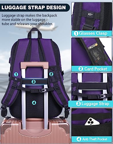 ProEtrade Travel Backpack, Extra Large Laptop Backpack School Business Anti Theft TSA Approved College Work Computer Bag Fits 17 Inch Laptop with USB Charging Port Bookbag for Women Men(Purple)