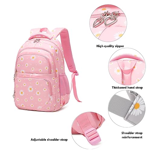 ZHIERNA School Backpack 3PCs Daisy Prints Set With Lunch Bag, Bookbags with Pen Case For Teen Girls Kindergarten Elementary(Pink)