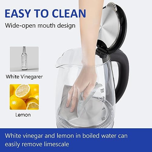 RAINBEAN Electric Kettle Water Boiler, 1.8L Electric Tea Kettle, Wide Opening Hot Water Boiler with LED Light, Auto Shut-Off & Boil Dry Protection, Glass Black