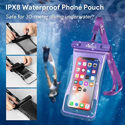 MoKo Waterproof Phone Pouch Holder 2Pack, Floating Case Dry Bag with Lanyard Compatible with iPhone 14 13 12 11 Pro Max X/Xr/Xs/SE3, Galaxy S21 Ultra/S9/Note 10+/20 Ultra, Black + Glitter Purple