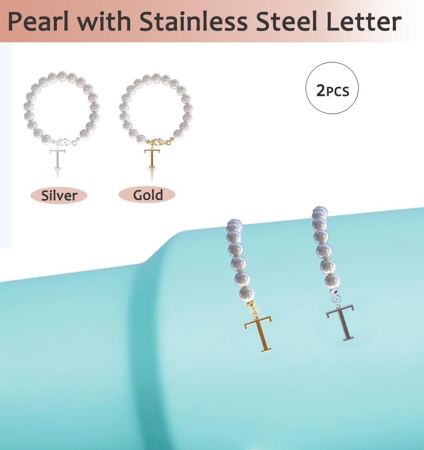 Rzjoke Letter Charm For Stanley Cup 2pcs Pearl Stanley Cup Accessories Charms For Handle, Initial Name Jewelry For Stanley Cup (T)