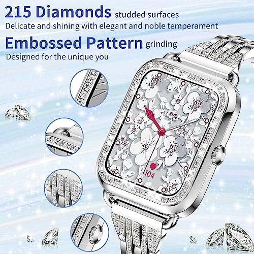 Smart Watch for Women Diamonds(Answer/Make Call),1.29''HD Touch Screen Smart Watch Android,Fitness Tracker with Heart Rate/Blood Oxygen/Sleep Monitor,Waterproof Smartwatch 3 Strap (Diamond Silver)