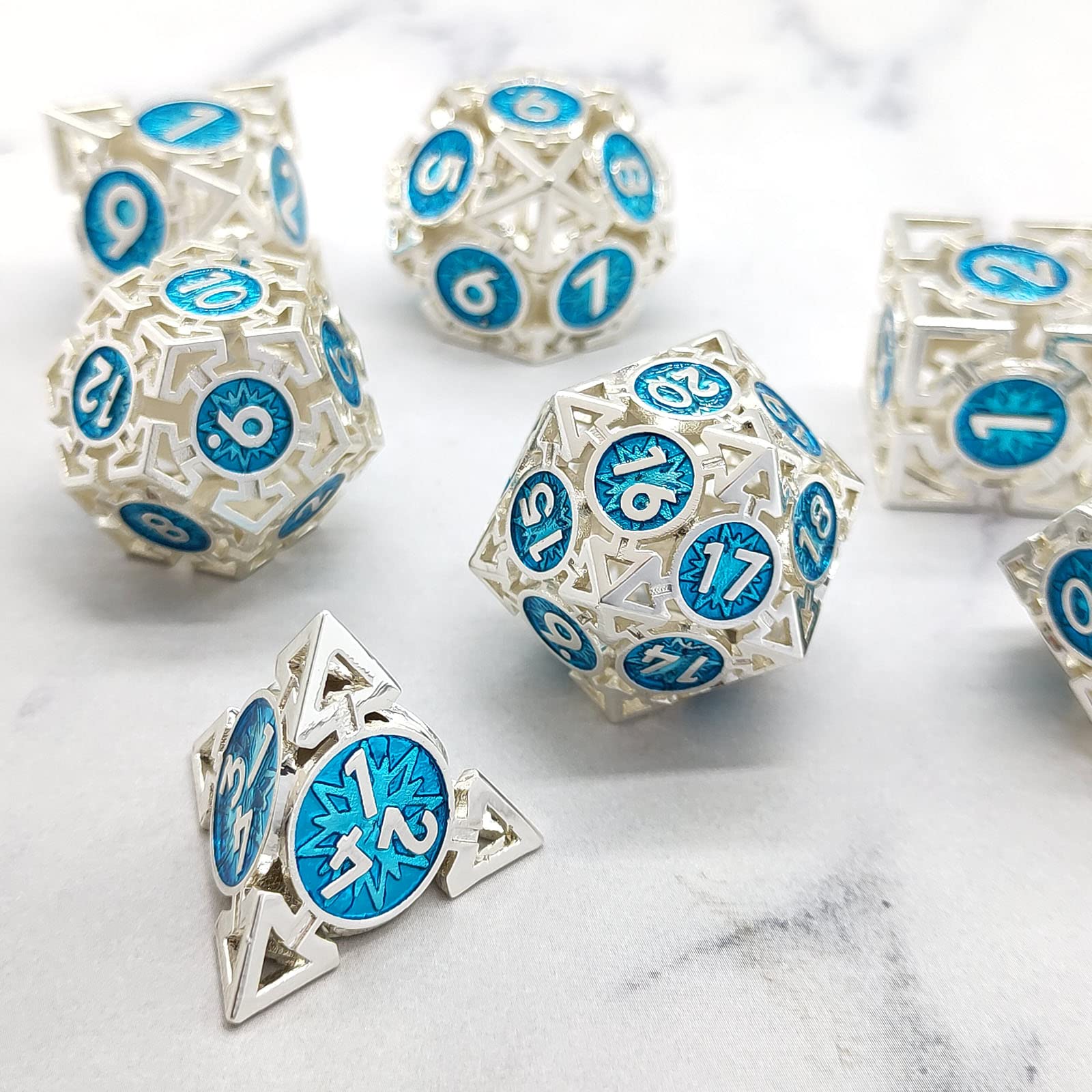 Metal Hollow DND Dice Set Polyhedral Dice D&D RPG Dungeons and Dragons Dice Board Games D and D Role Playing Dice Pathfinder Dice MTG Giant with Gift Box D20 D12 D10 D8 D6 D4 Silver Blue