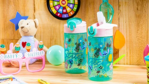 Zak Designs Kids Durable Plastic Spout Cover and Built-in Carrying Loop, Leak-Proof Water Design for Travel, (16oz, 2pc Set), Lilo and Stitch 2pk