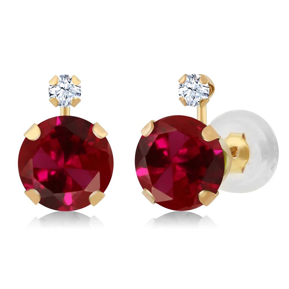 Gem Stone King 14K Yellow Gold Round Red Created Ruby and White Created Sapphire Earrings For Women (2.08 Cttw, Round 6MM)