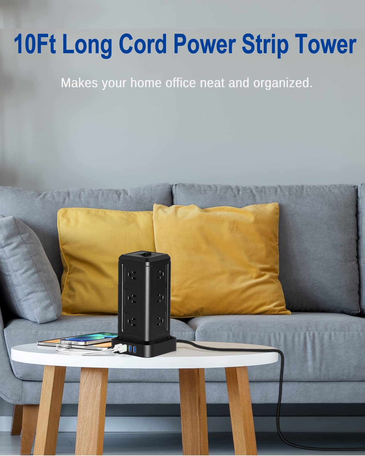 NVEESHOX Power Strip Surge Protector Tower with 12 Outlets 4 USB Ports, 10ft Long Extension Cord Multiple Outlets Charging Tower with Surge Protection, Overload Protection Fire Proof for Home Office