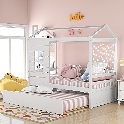 Merax Twin Size House Bed for Kids Wood House Bed Frame with Trundle and Window Storage Bed Frame for Kids Teens Adults