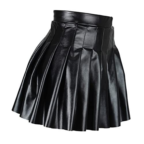 Long Plaid Skirts for Women Knee Length Date Night Skirt Short High Pleated Waist Elegant Solid Leather Women's Black
