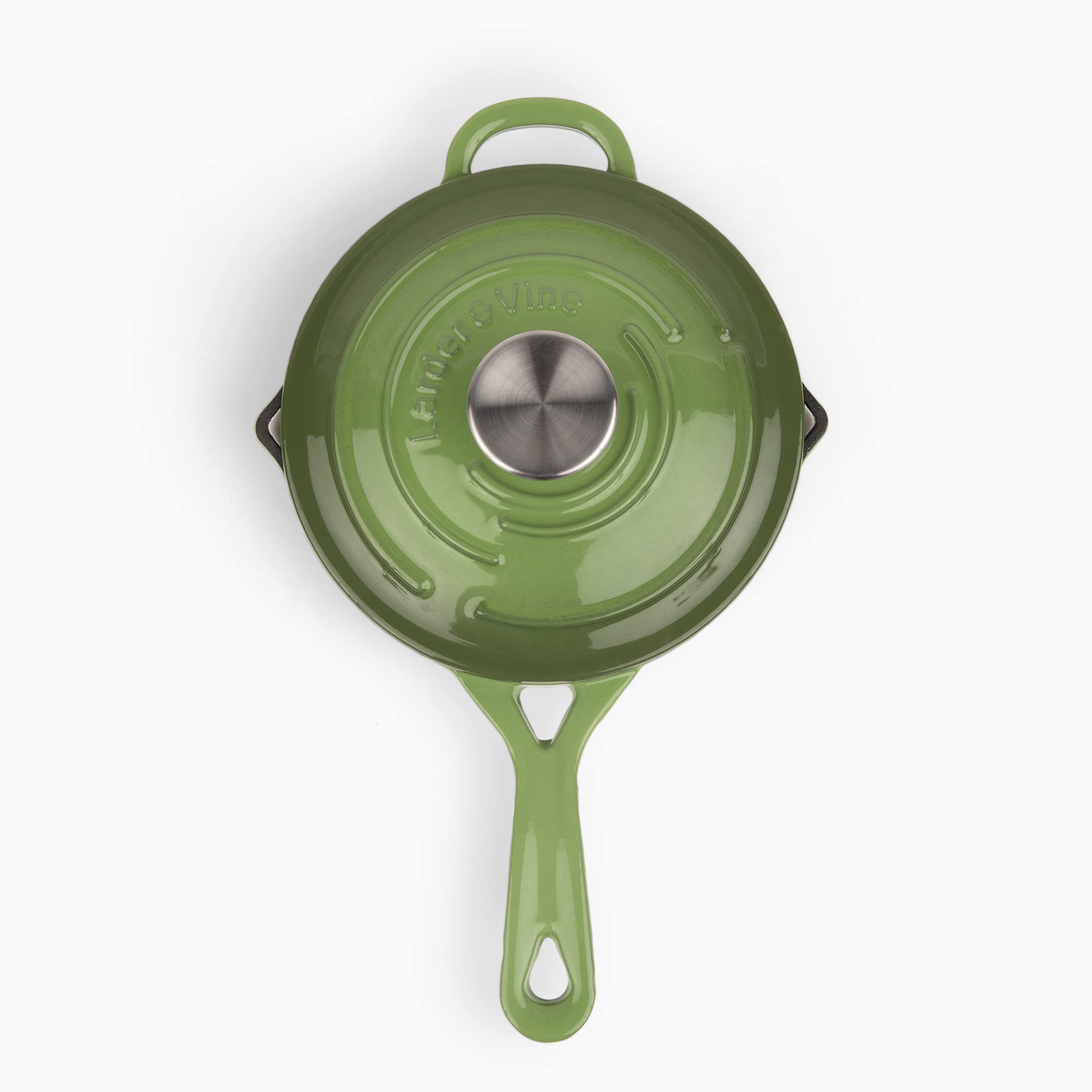 Larder & Vine 2.2 Quart Enameled Cast Iron Saucepan with Lid, Cast Iron Pan with Pour Spouts, Ergonomic Handle, Helper Handle, Stainless Steel Knob, Self-Basting Lid with Drip Bumps (Okra)