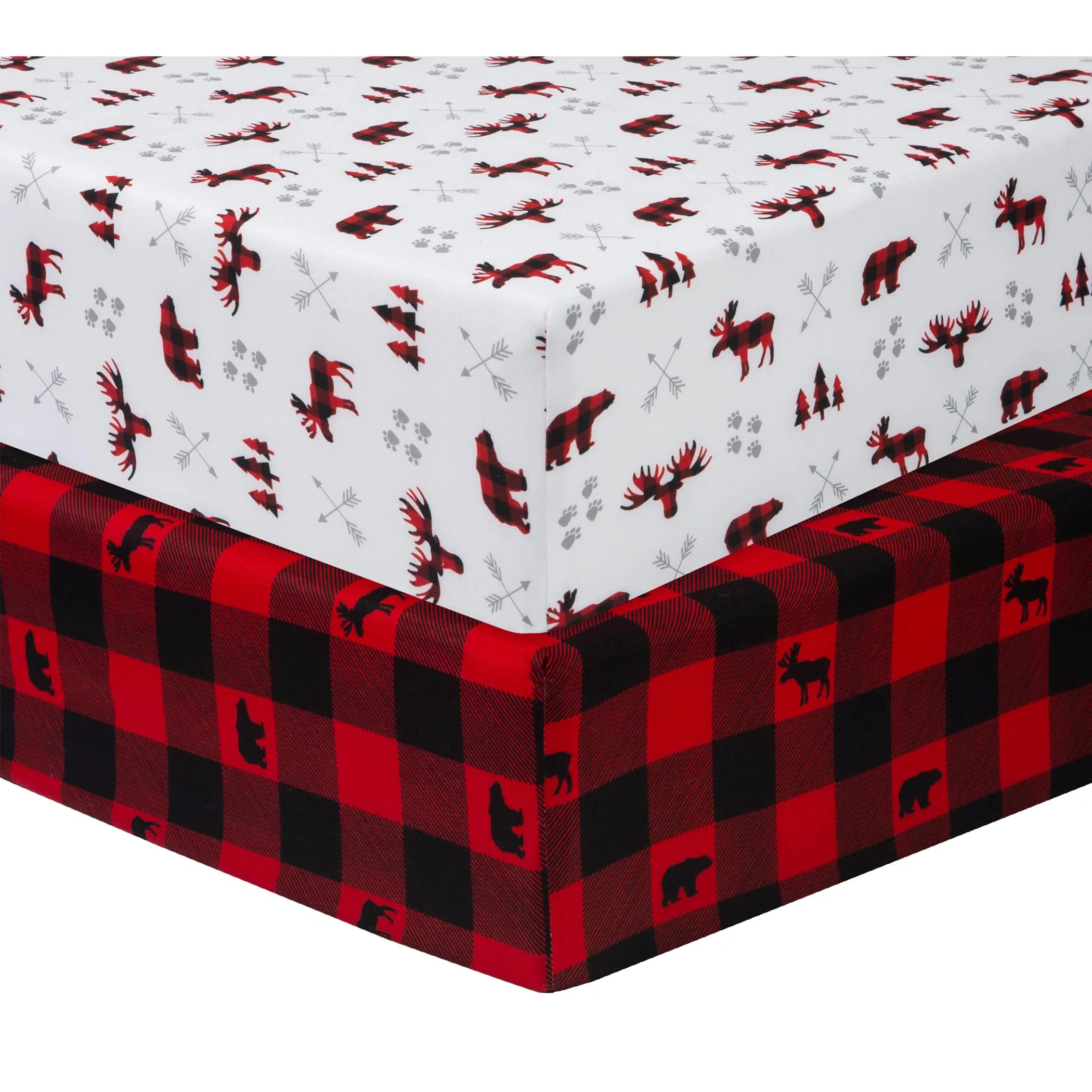 My Tiny Moments Buffalo Check Moose Nursery Bedding Essentials 6 Pc Gift Set-2 Microfiber Crib Sheets, Flannel and Faux Shearling Blanket, Swaddle and a Moose Plush, 1 Count