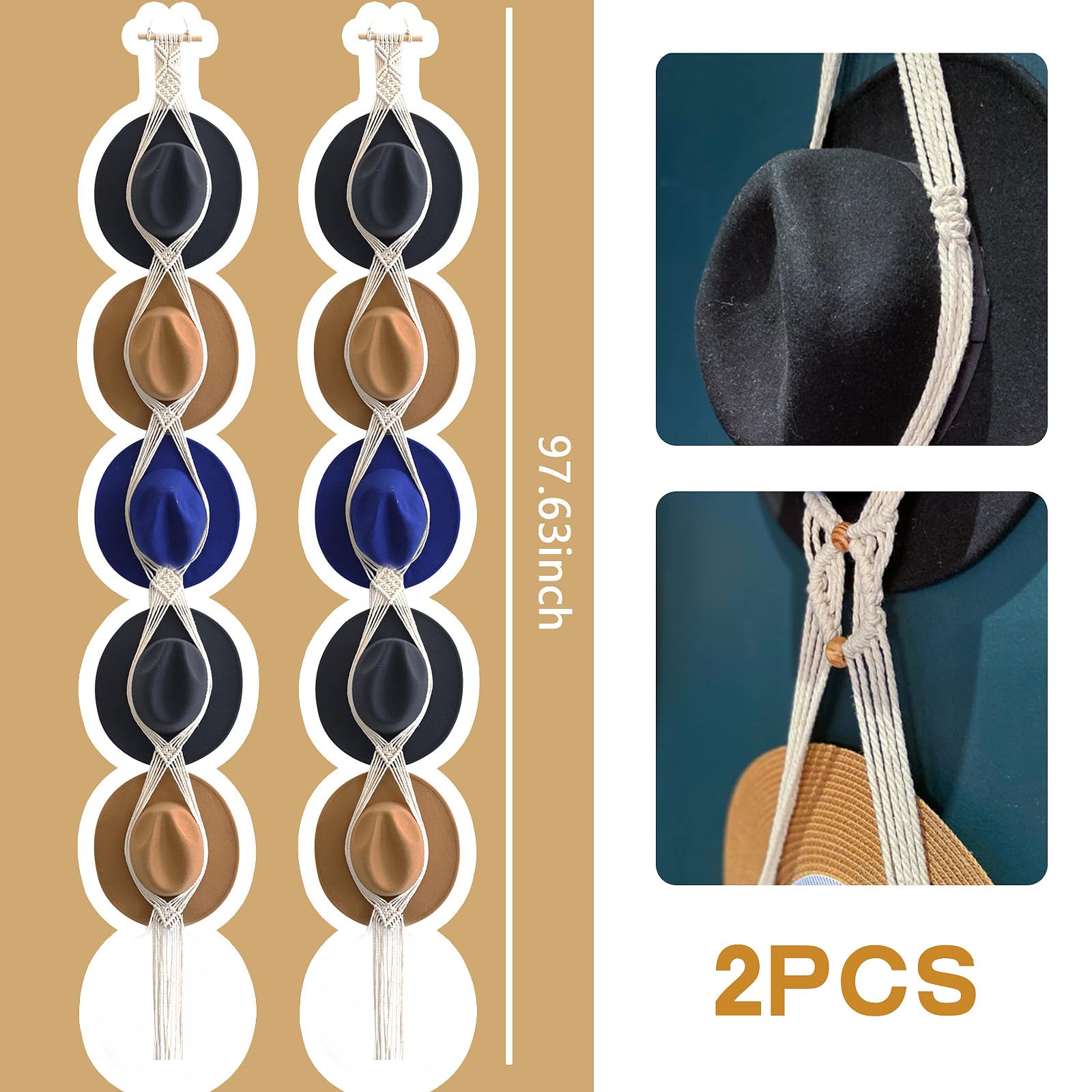 SVICCOOKQ 2Pcs Macrame Hat Hanger, Boho Hat Hangers for Wall, Decorative Bohemian Hand Weaving Hat Rack for Wide Brim Fedoras Caps - 78.74 Inches