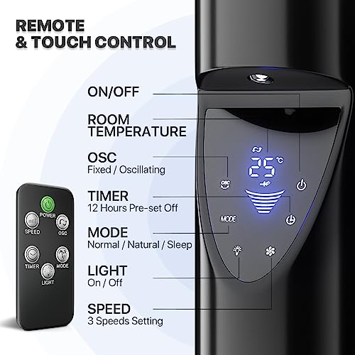 mollie Oscillating Quiet Tower Fan with Remote Control 3 Speeds 12H Timer Portable LED Display 47 Inch Electric Air Circulator Cooling Floor Standing Fan for Home Bedroom Office Living Room Black