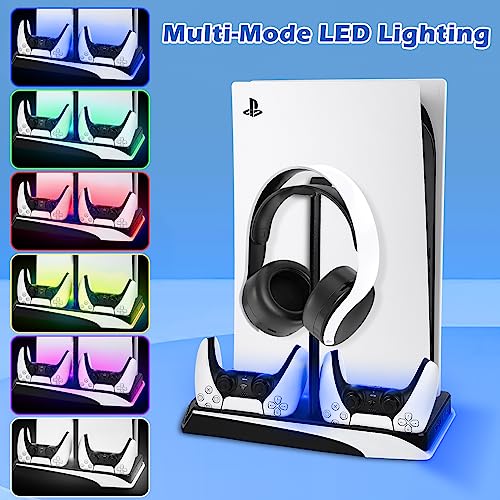 PS5 Cooling Station with RGB LED for Playstation 5 Console, Grathia Dual Fast PS5 Controller Charging Station with Cooling Fan, PS5 Controller Charging Doking Station with 12 Games & Headset Holder