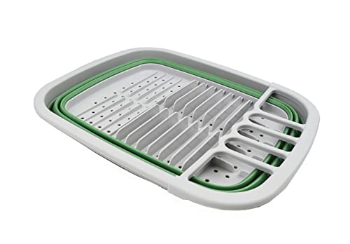 SAMMART 8L (2.11Gallons) Collapsible Plastic Dish Drainer - Foldable Drying Rack - Portable Dinnerware Organizer - Space Saving (Grey/Dark Sea Green, 1)