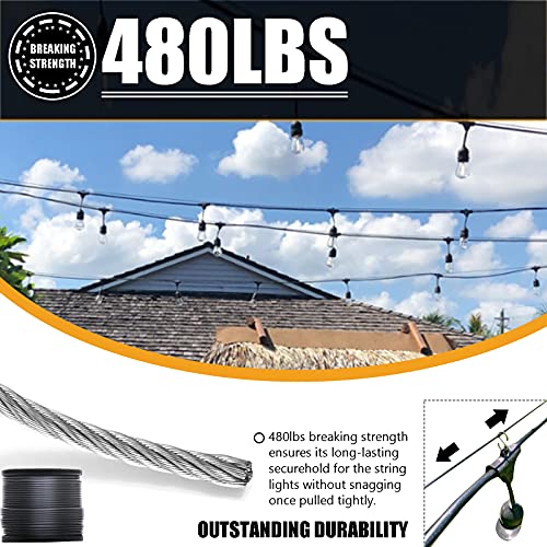 NEREUS String Light Hanging Kit with 164 Ft Nylon Coated 304 Stainless Steel Wire Rope, String Light Suspension Kit, Guide Wire with Turnbuckles and Hooks for Patio, Backyard Lighting Accessories